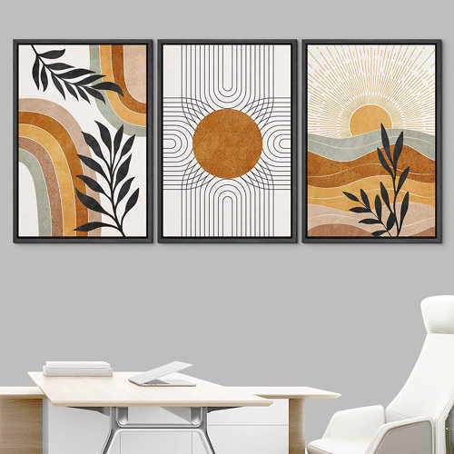 IDEA4WALL Mid Century Modern Boho Brown Abstract Sun Tropical Plant - Framed 3 Piece Set Canvas ...